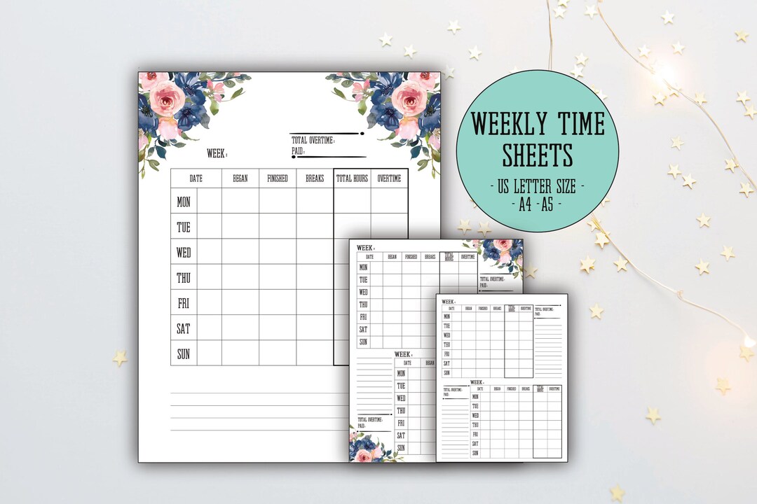 Weekly Time Sheet, Work Hour Log Including Overtime, Timesheet ...