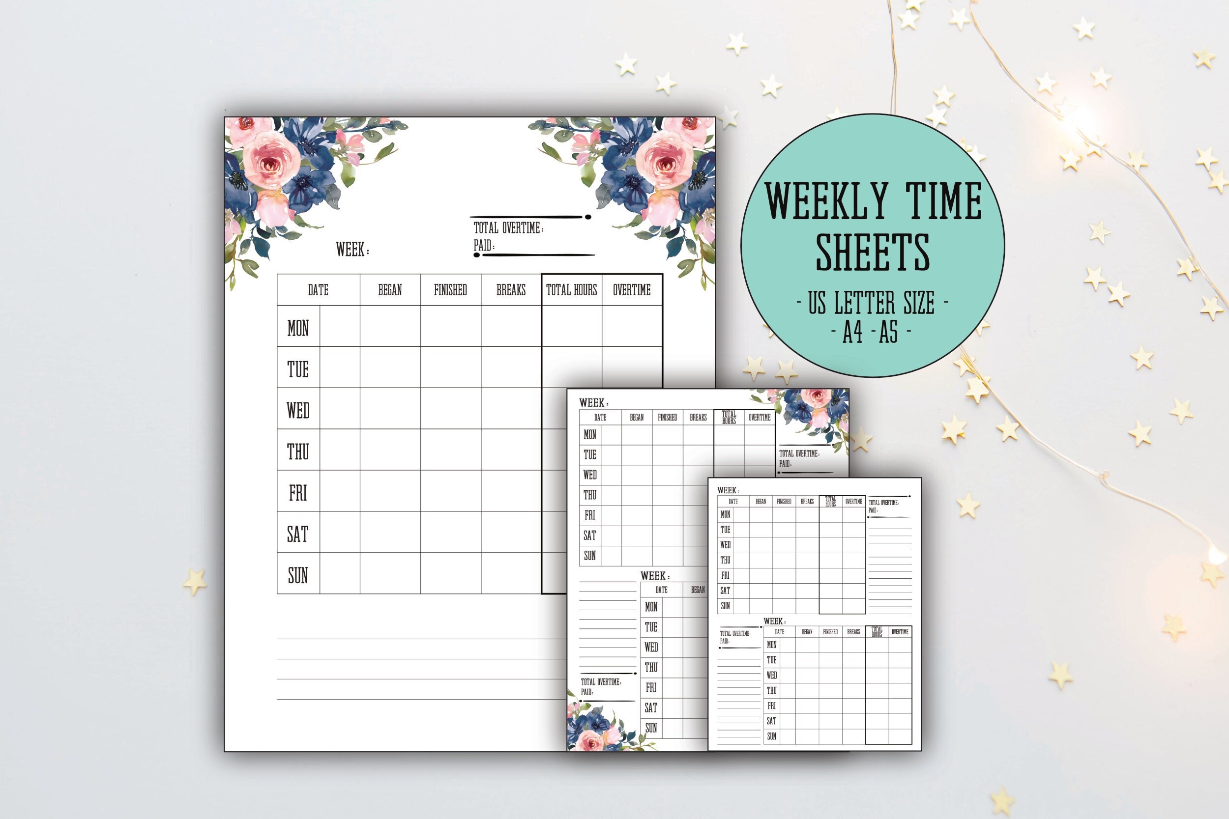 Weekly Time Sheet, Work Hour Log Including Overtime, Timesheet ...