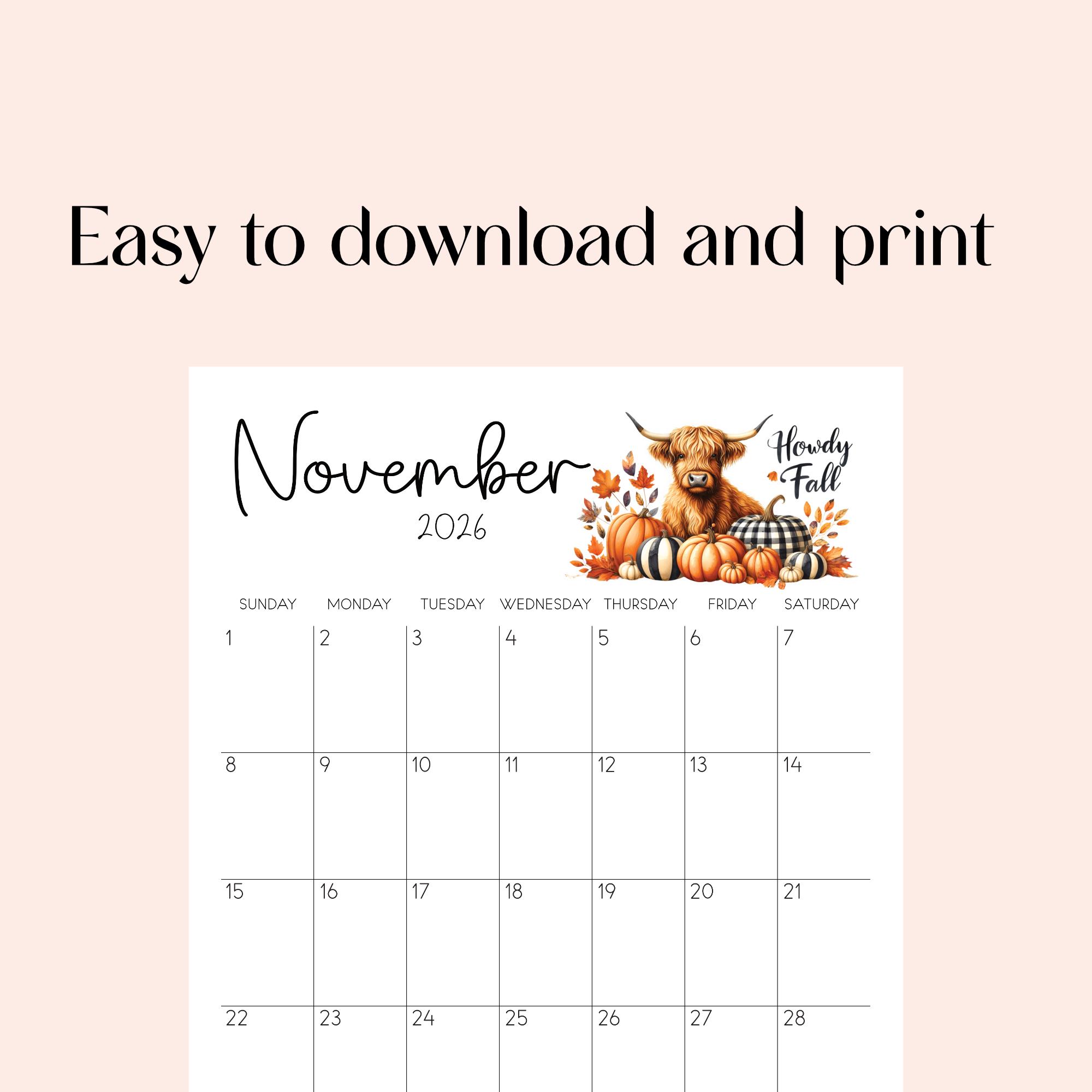Printable 2026 Calendar, Highland Cow Planner, Sunday Start, 12 Months ...