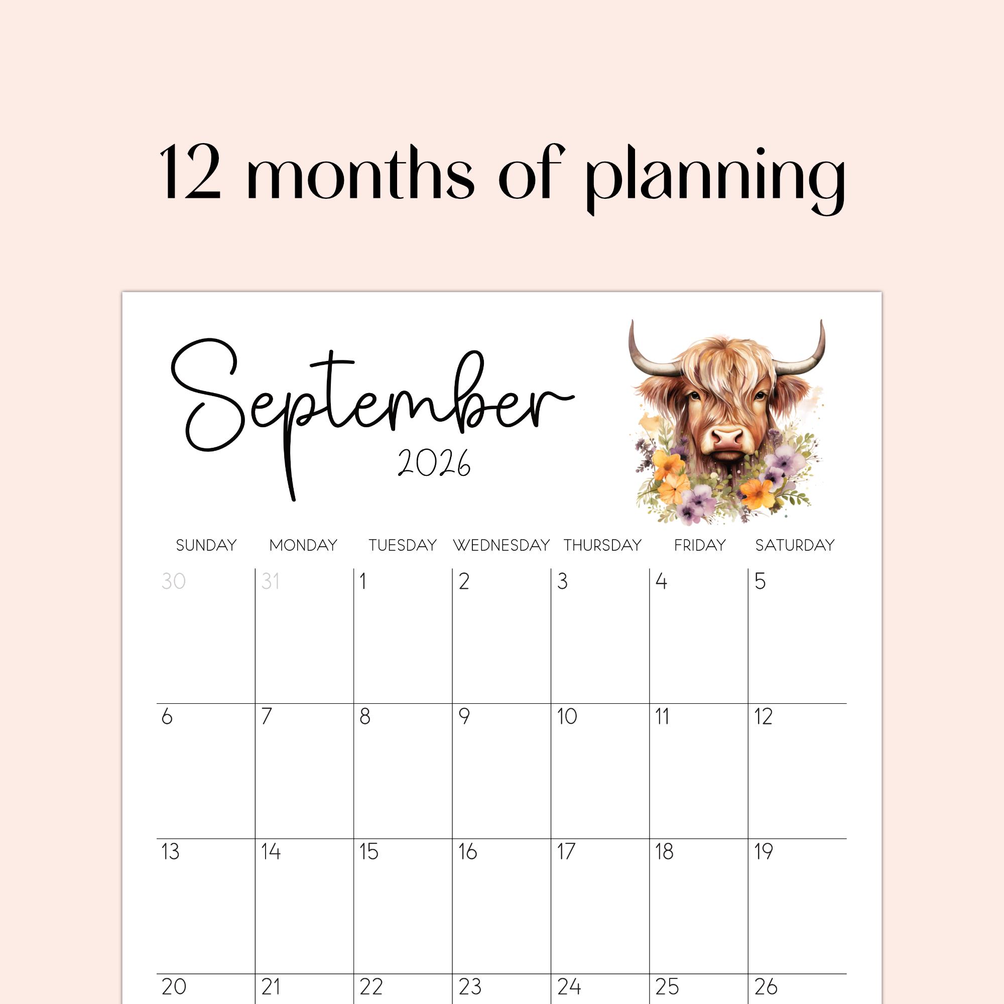 Printable 2026 Calendar, Highland Cow Planner, Sunday Start, 12 Months ...