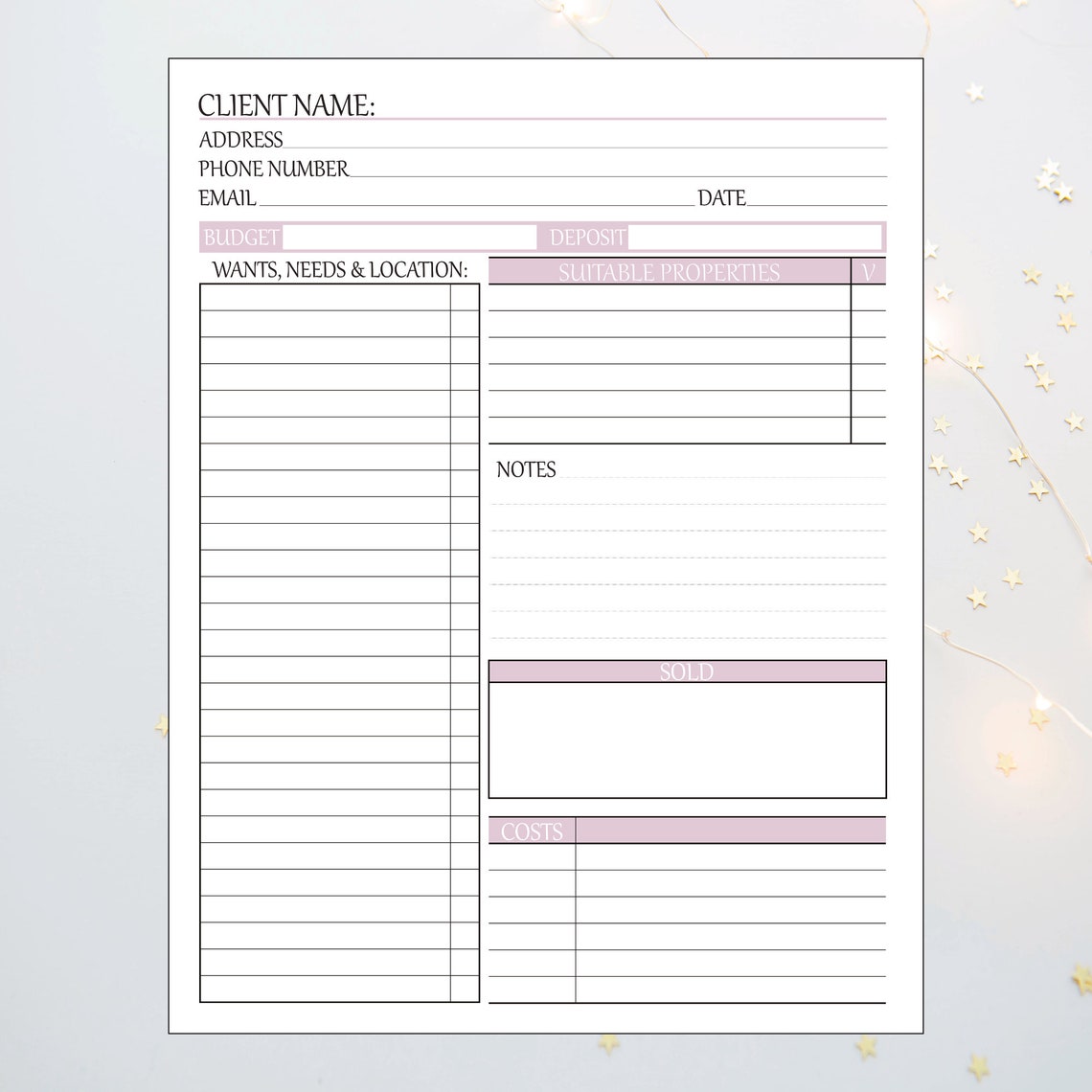 Real Estate Client Information Sheet Realtor Templates & Questionnaire ...