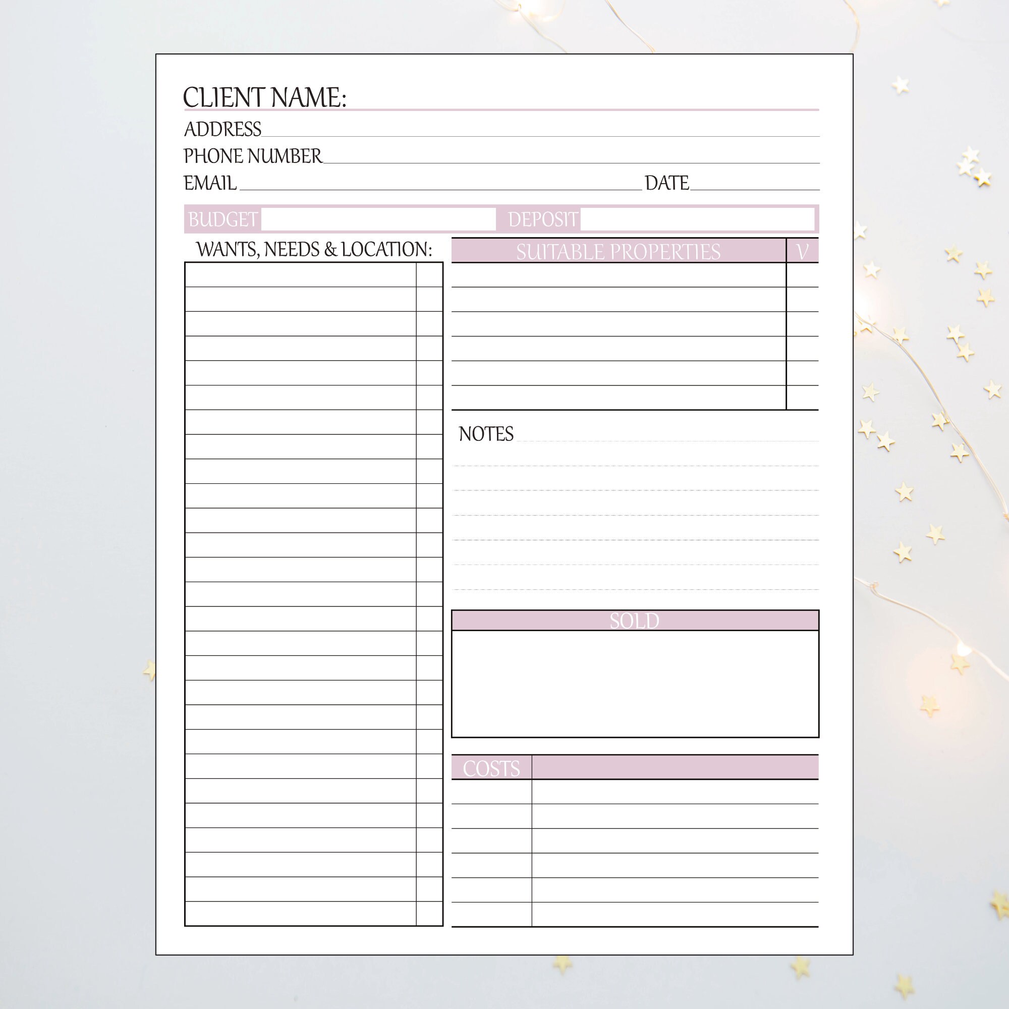 Real Estate Client Information Sheet Realtor Templates & Questionnaire ...