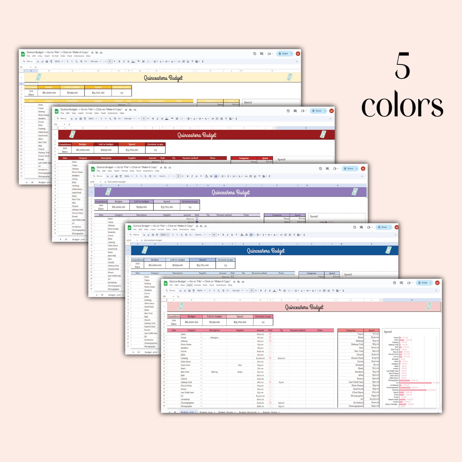 Quinceañera Budget Planner, Editable in Google Sheets, Quince Budgeting ...