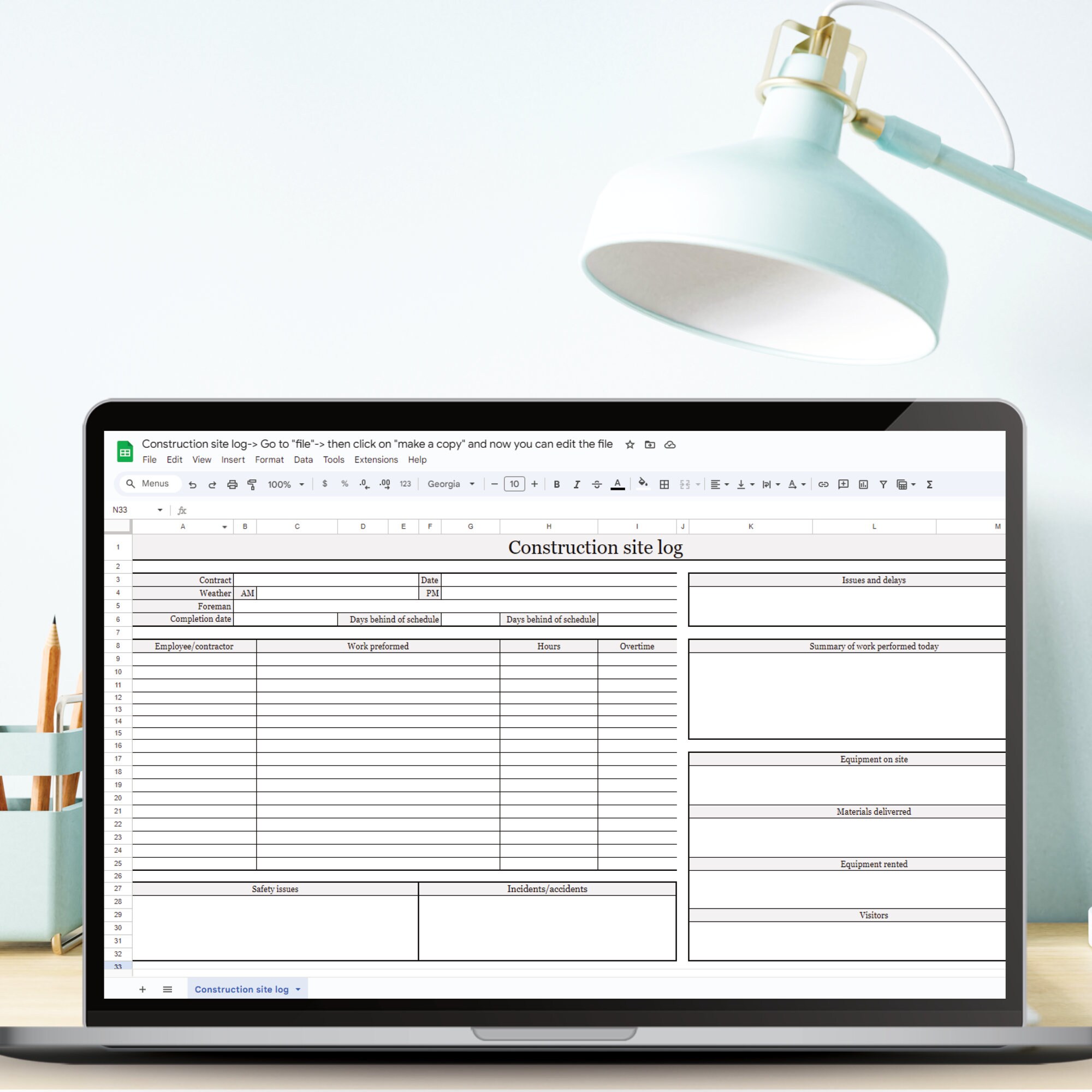 Construction Site Log Editable in Google Sheets, Job Site Project ...