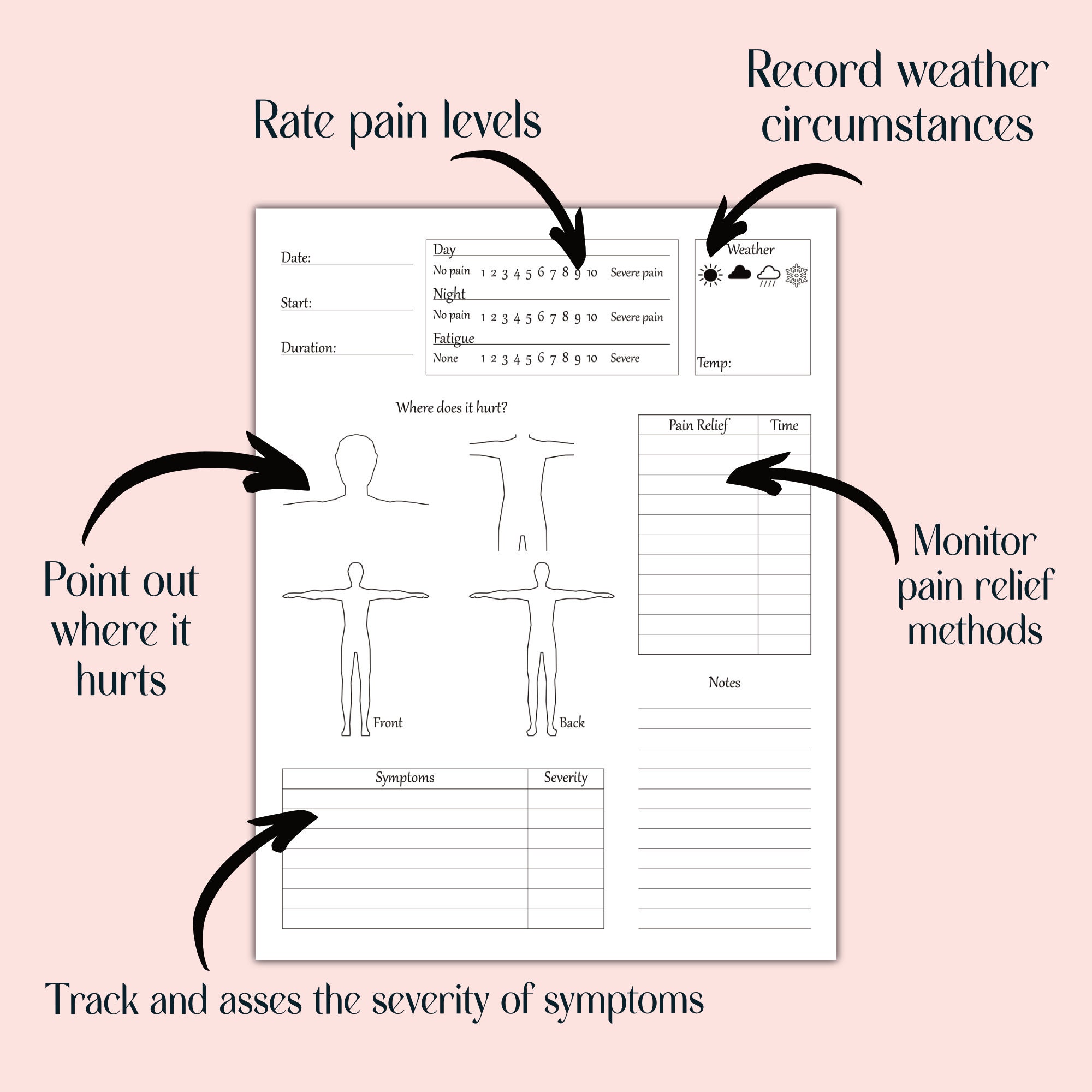 Pain Tracker Log, Printable Pain Diary, Instant Download, Track Pain ...