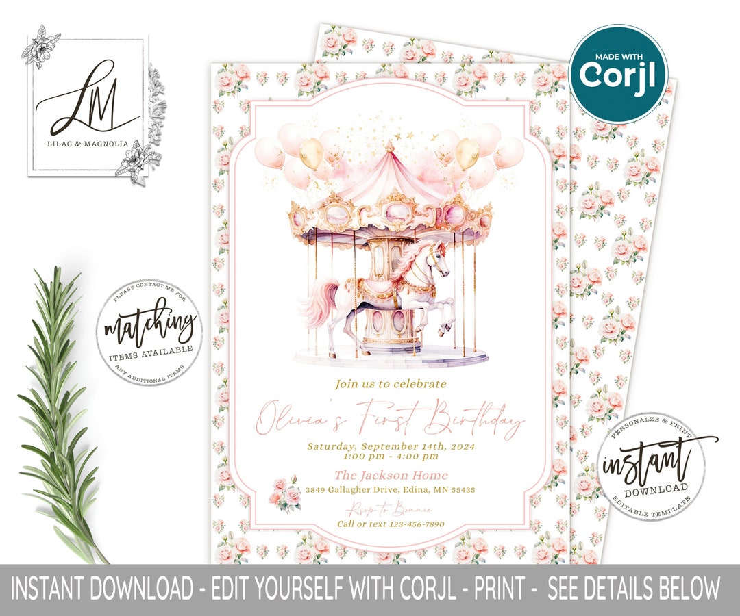 Pink Carousel Birthday Invitation Template, Girl 1st Birthday, Pink ...