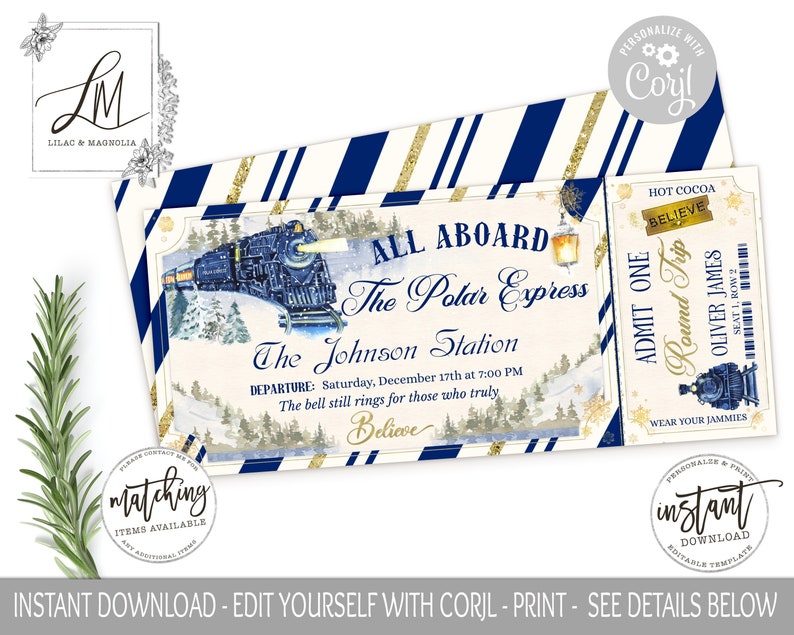 Editable Polar Express Train Ticket: Winter Christmas (8x4" Digital ...