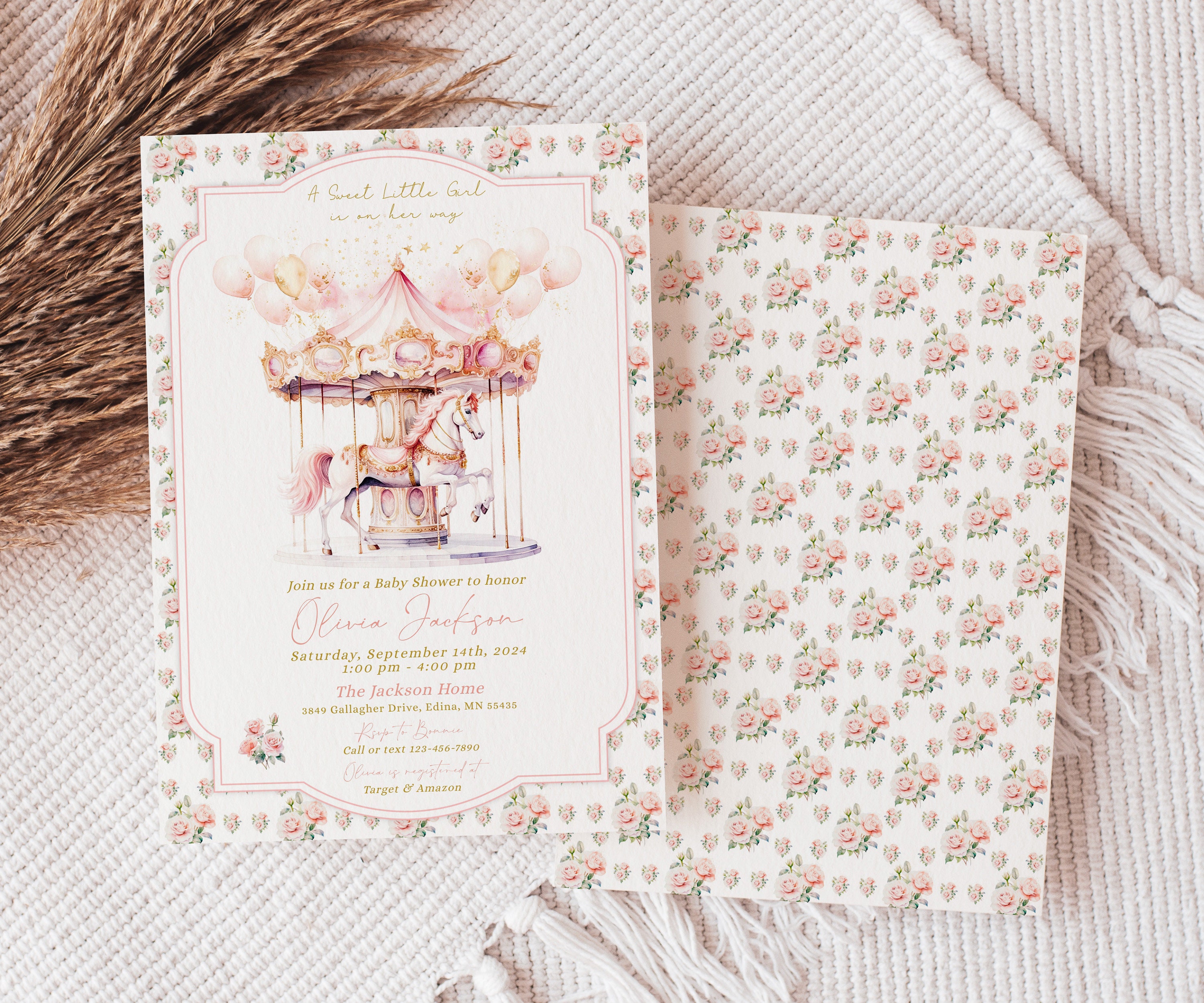 Pink Carousel Baby Shower Invitation: Roses, Corjl Template (DIY) - Etsy