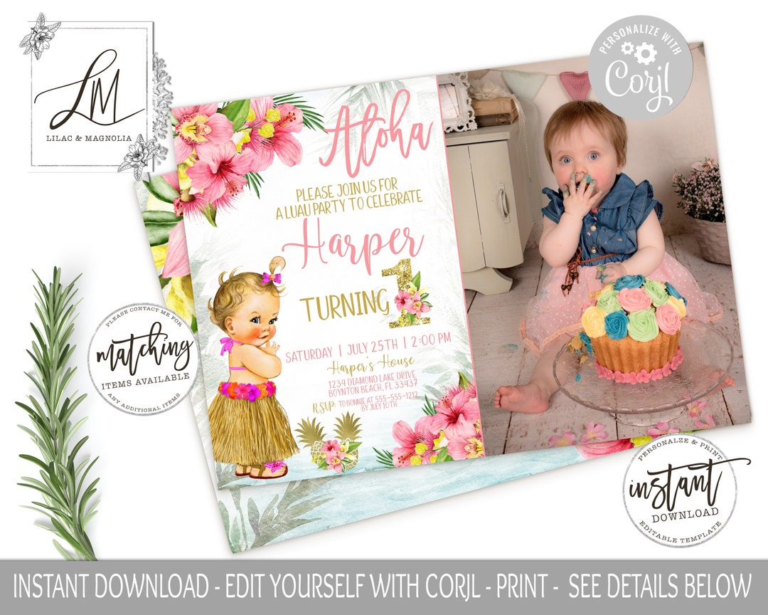 Aloha Luau First Birthday Invitation: Hula Girl, Pink & Gold (corjl) - Etsy