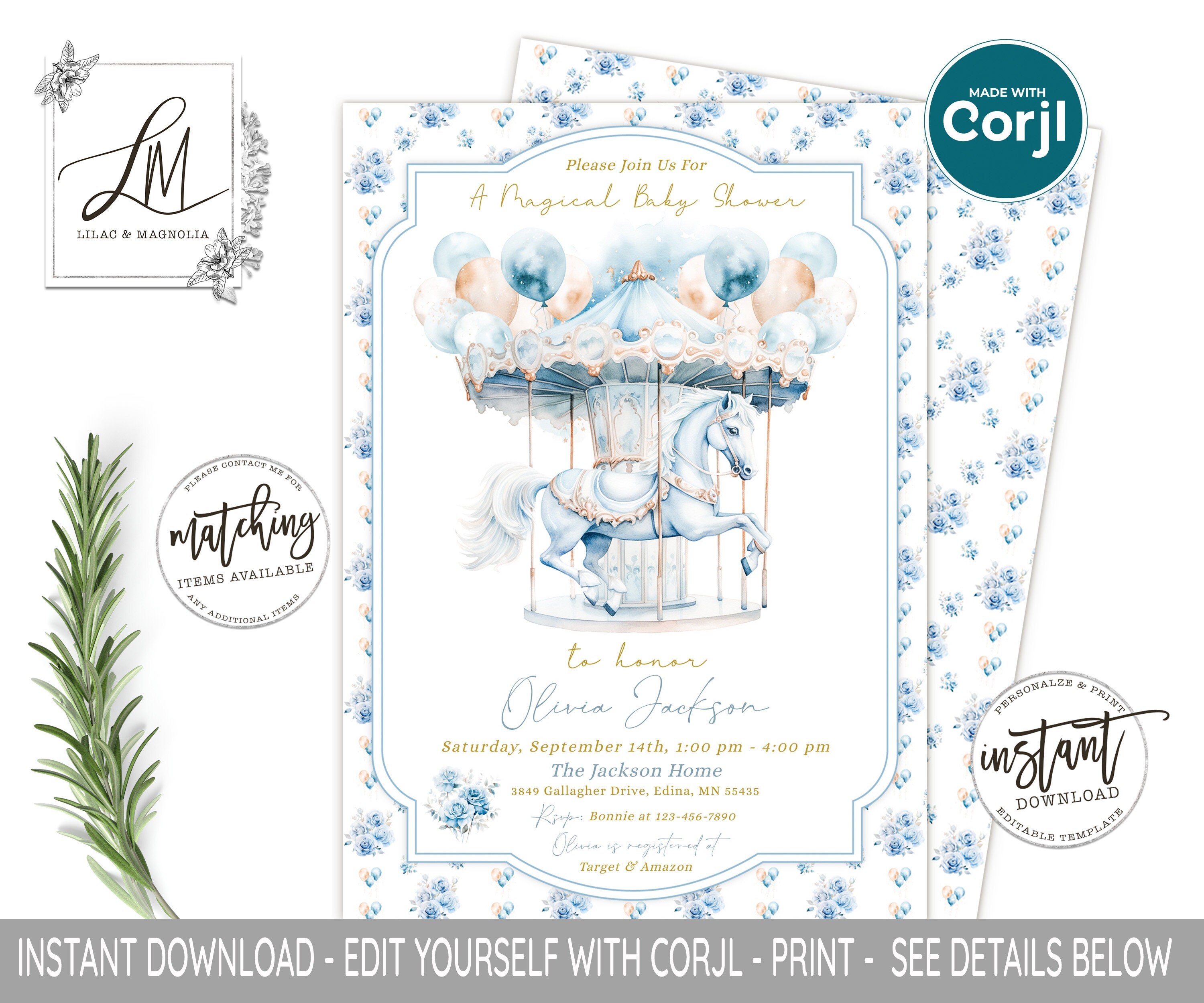 Blue Carousel Baby Shower Invitation: Floral Template (corjl) - Etsy