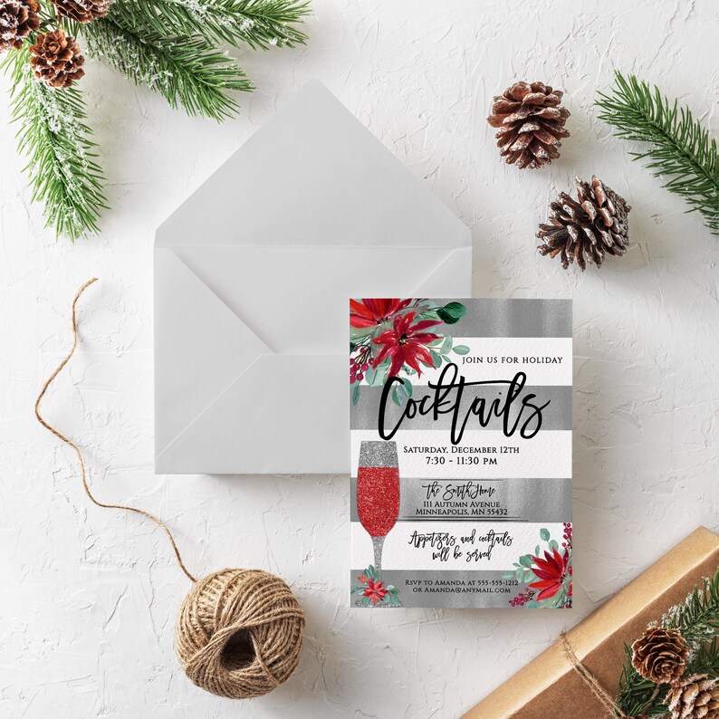 Silver Foil Holiday Party Invitation, Poinsettia & Eucalyptus (editable ...