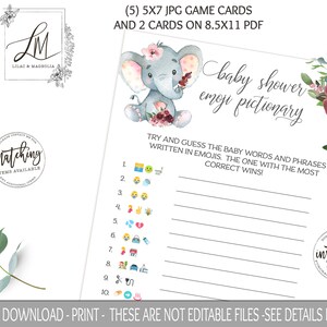 Elephant Baby Shower Game Set, Baby Shower Bingo, Baby Word Scramble ...