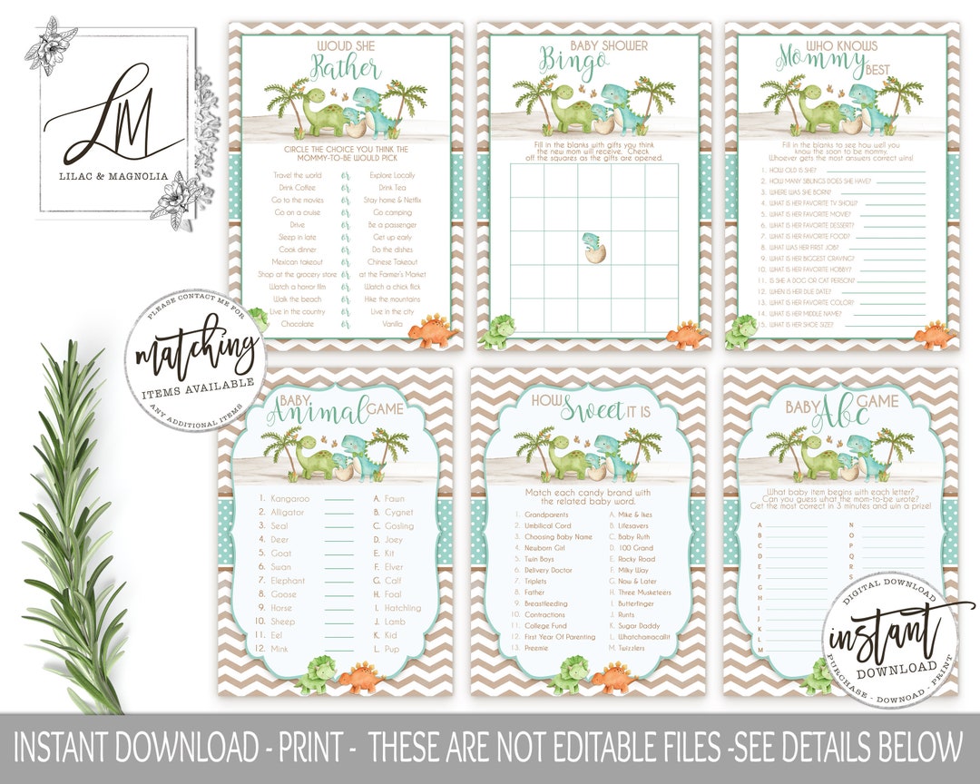 Dinosaur Baby Shower Game Set, Baby Dinosaur Baby Shower Bingo, Baby ...