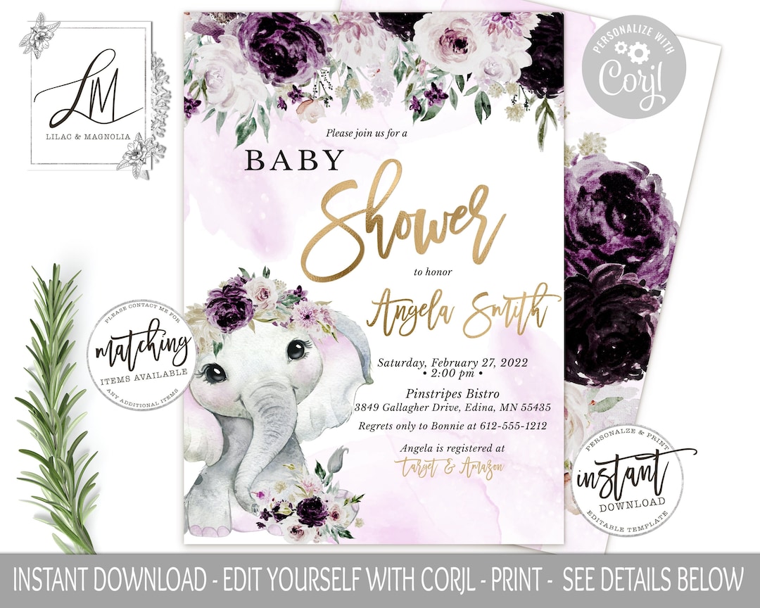 Purple Elephant Baby Shower Invitation Template, Lavender Editable Baby ...