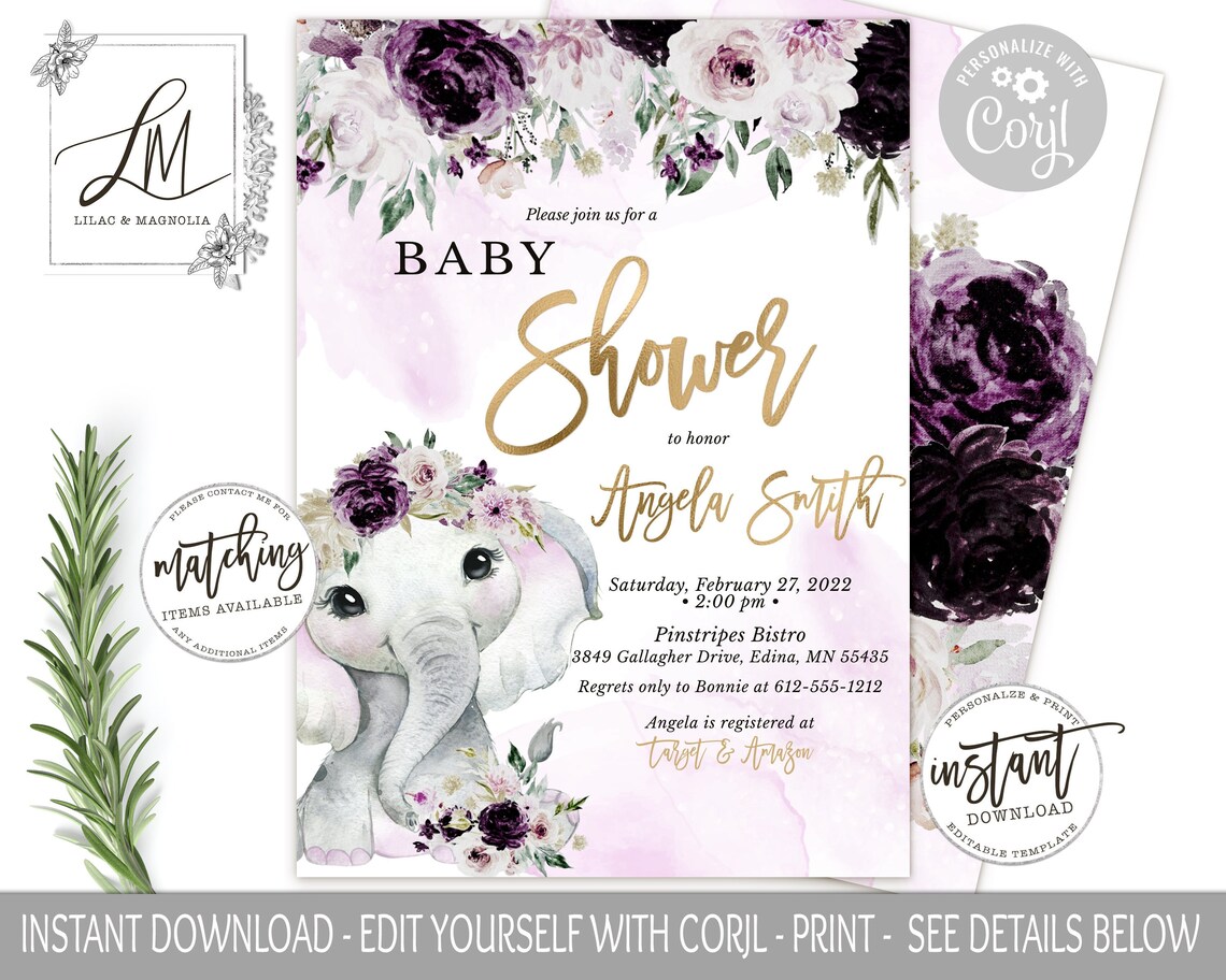 Purple Elephant Baby Shower Invitation Template Lavender | Etsy