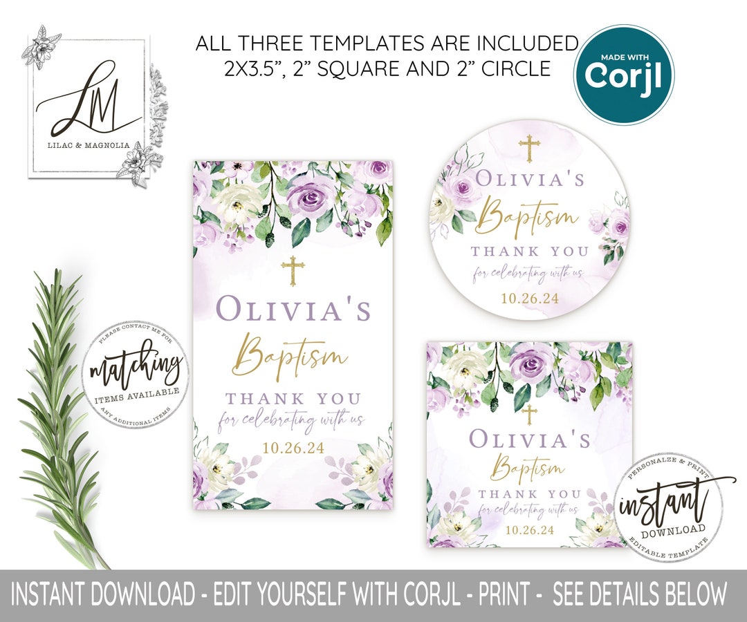 Lilac Purple Baptism Thank You Tag Templates, Baptism Favor Tags ...