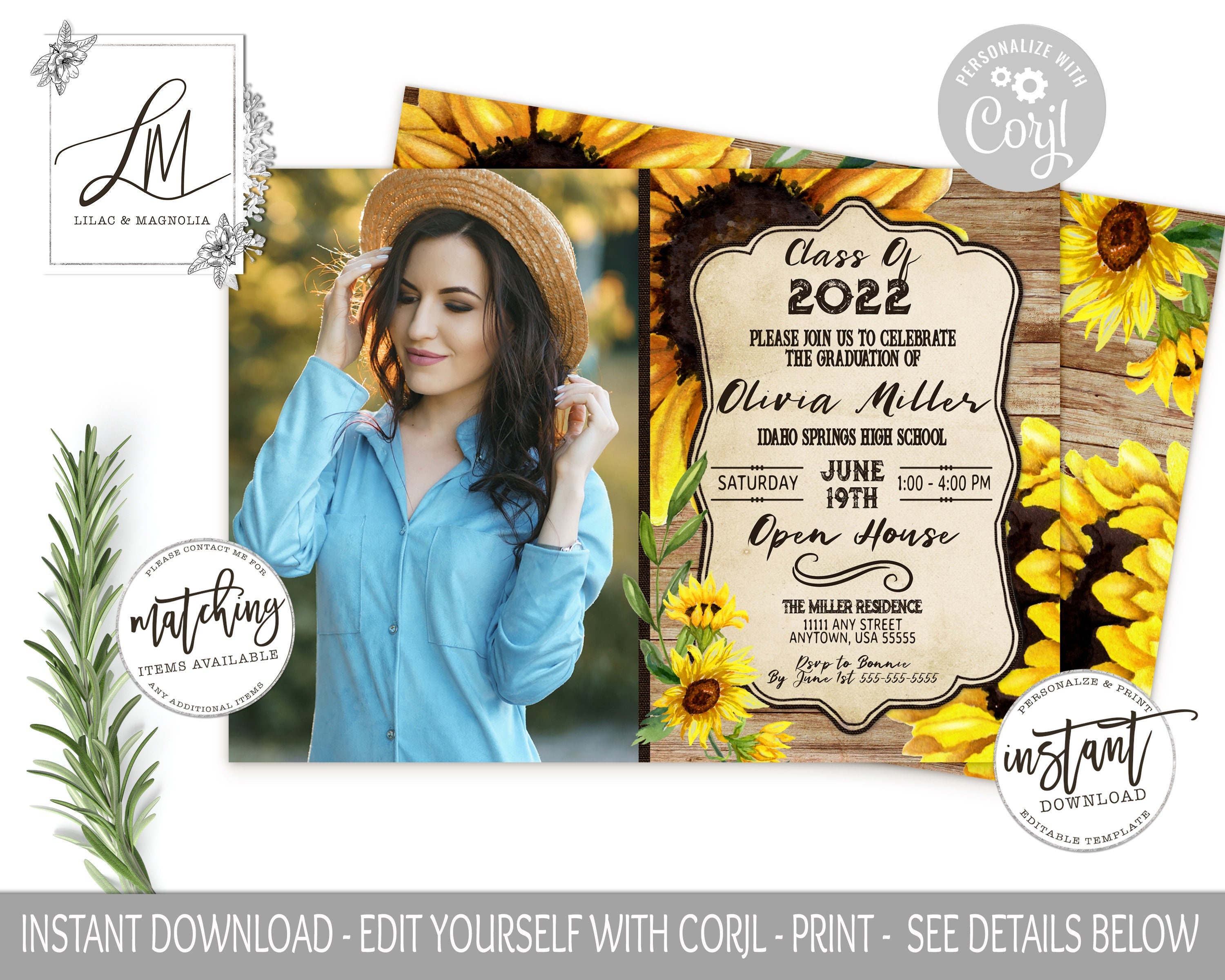 Sunflower Rustic Photo Graduation Invitation, Graduation Party ...