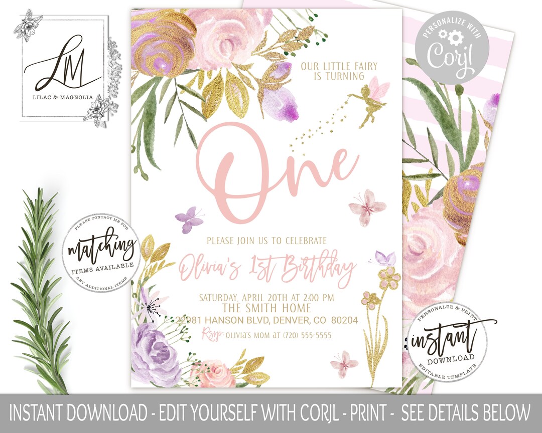 Fairy 1st Birthday Invitation: Pink, Lilac, and Gold Floral (digital ...