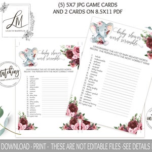 Elephant Baby Shower Game Set, Baby Shower Bingo, Baby Word Scramble ...
