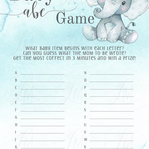 Blue Elephant Baby Shower Game Set, Blue Elephant Baby Shower Bingo ...