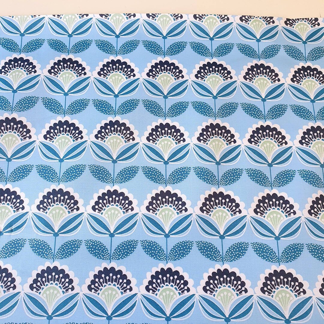 Coated Cotton Love and Magic, Retro Oilcloth Flower Fan Light Blue ...