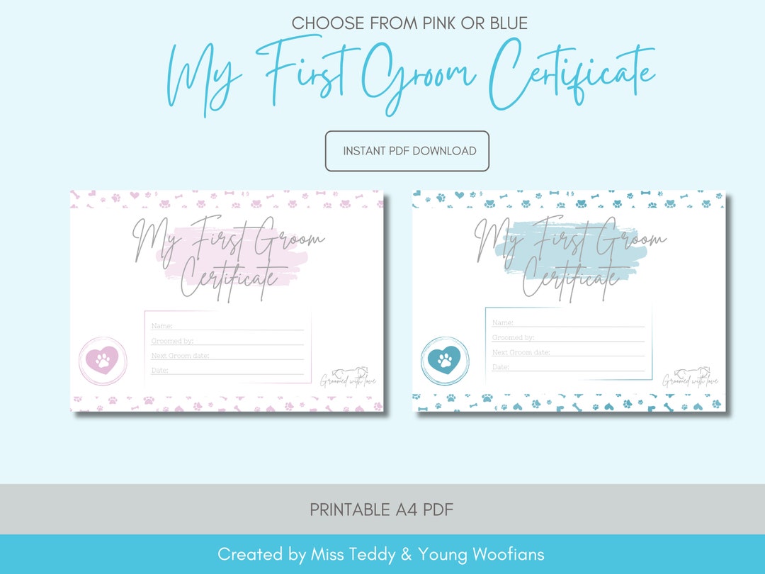 My First Groom Pet Certificate Template for Dog Groomers | Feminine Pet ...