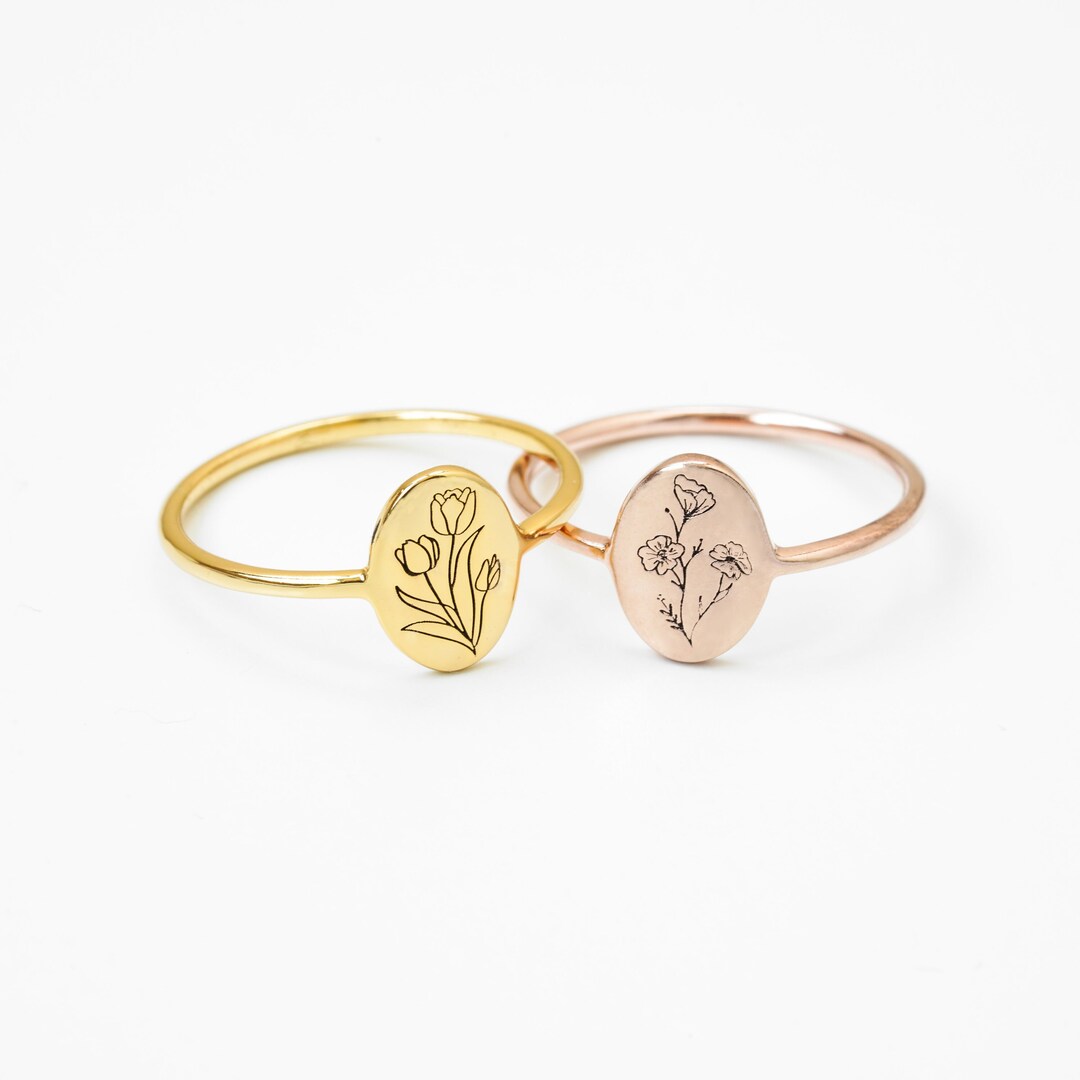 Sterling Silver Oval Birth Flower Ring • Personalized Floral Jewelry - Etsy