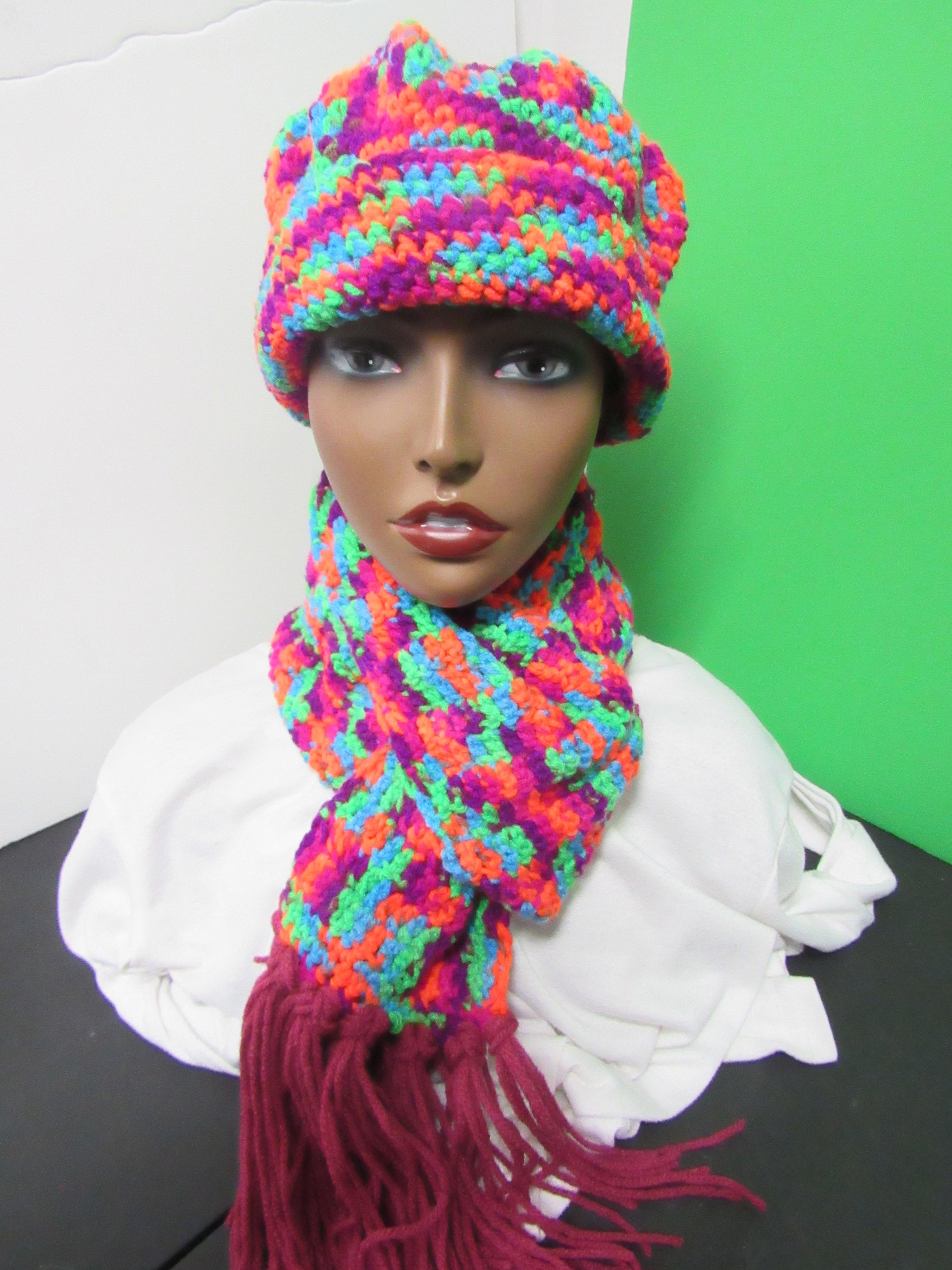 Bright Rainbow Colored Hat and Scarf Set, Winter Hats With Lining ...