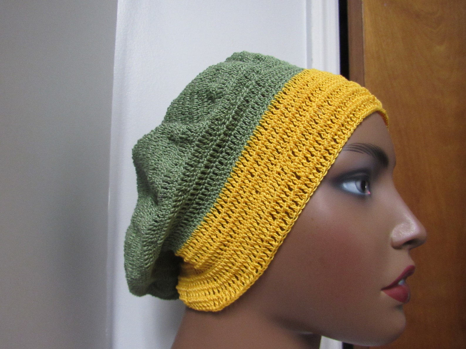 Olive Green and Yellow/gold Crochet Cotton Beret, Handmade Berets ...