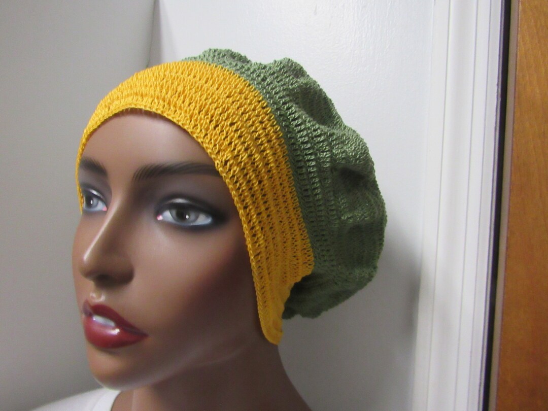 Olive Green and Yellow/gold Crochet Cotton Beret, Handmade Berets ...