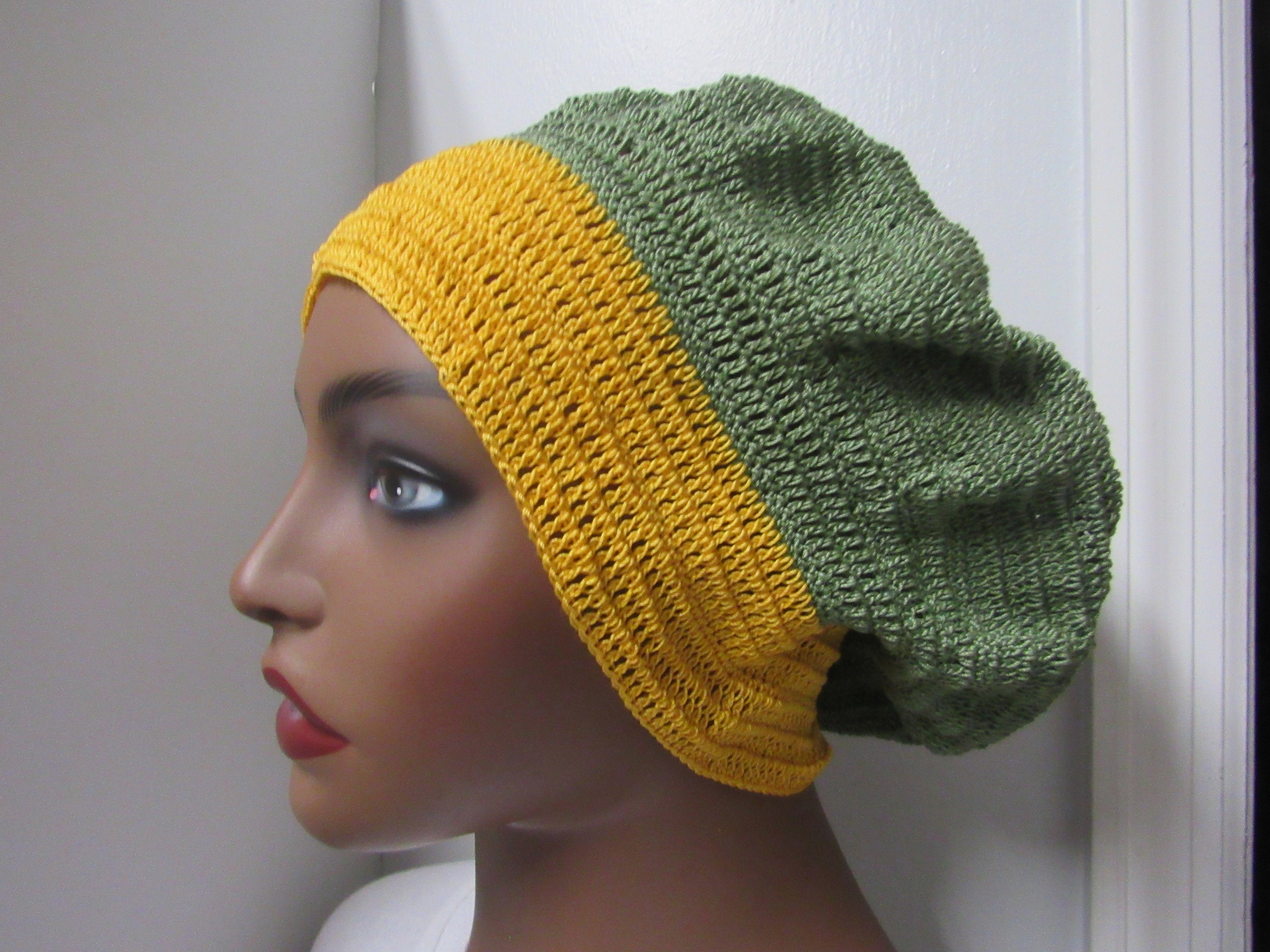 Olive Green and Yellow/gold Crochet Cotton Beret, Handmade Berets ...