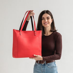 Red Leather Tote Bag | Double Faced Leather Shoulder Bag | Handmade ...