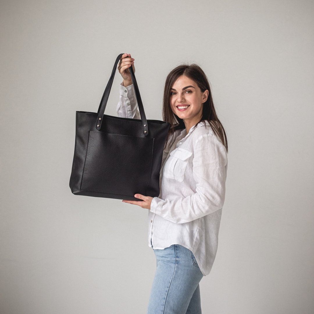Black Leather Tote Bag for Women • Leather Work Bag for Laptop • Soft ...