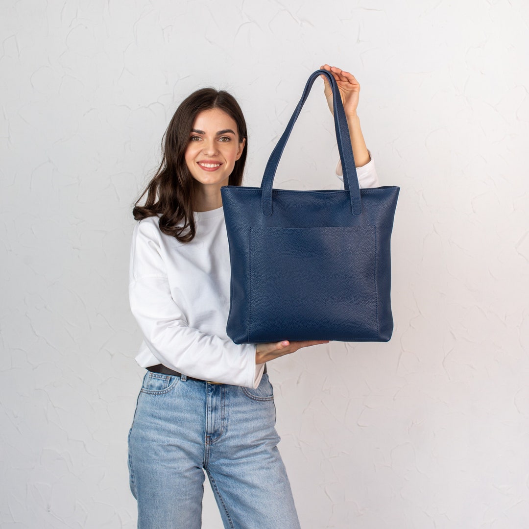 Navy Blue Pebbled Shoulder Bag With Optional Zipper Outside Pocket or ...