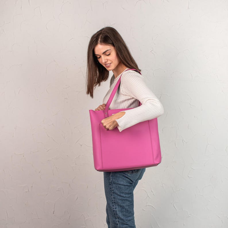 Handmade Pink Leather Tote Bag: Stylish Work & Travel Purse - Etsy