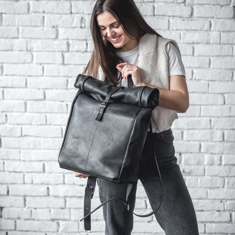 Genuine Leather Roll Top Backpacks Women Leather Travel - Etsy