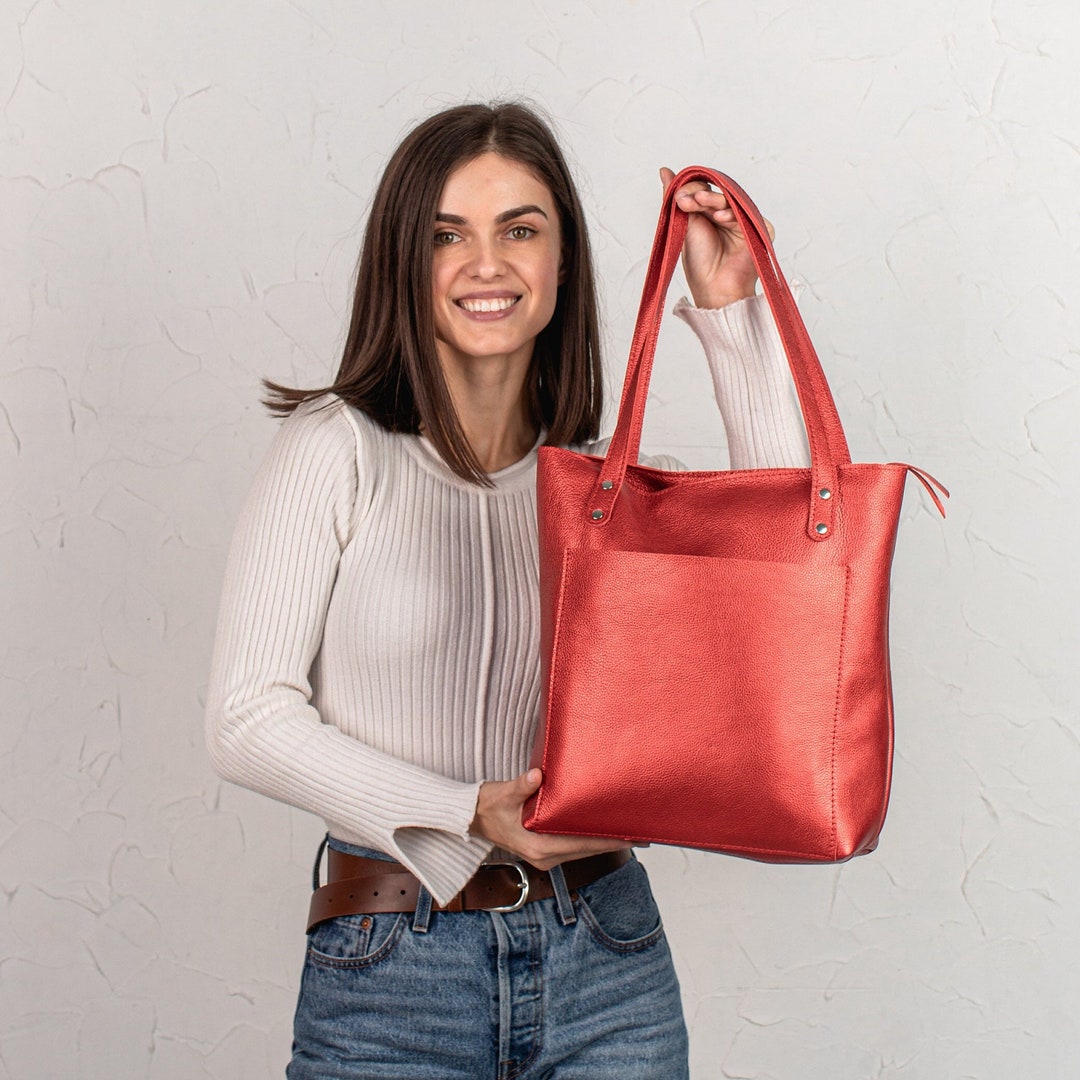 Handmade Pebbled Metallic Red Leather Tote Bag: Everyday Shoulder Bag ...