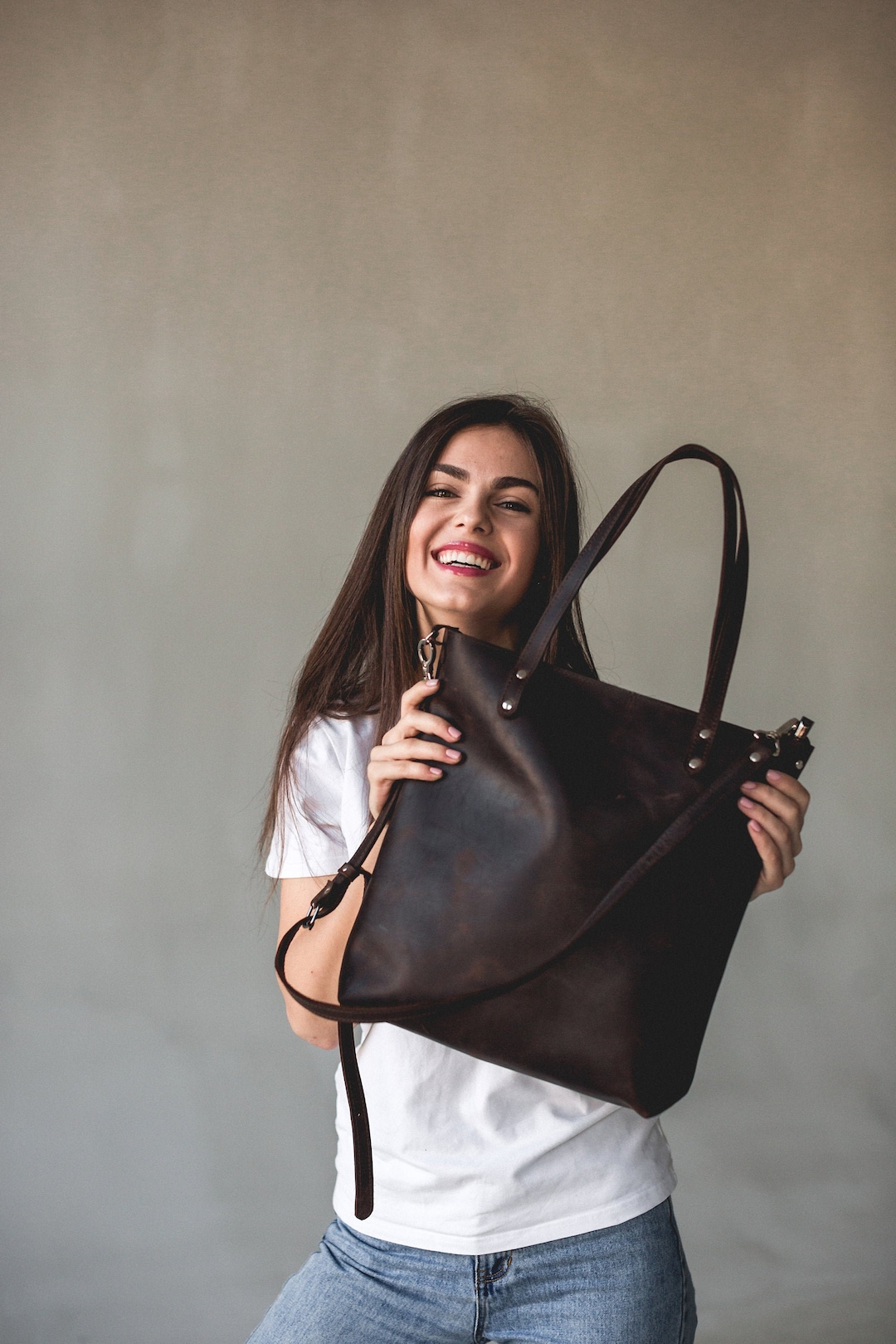 Handmade Leather Tote Bag: Zippered Cowhide Purse, Travel Crossbody - Etsy