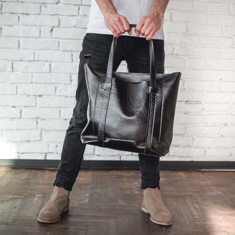 Leather Tote Bag for Men With Zipper Black Leather Shoulder - Etsy