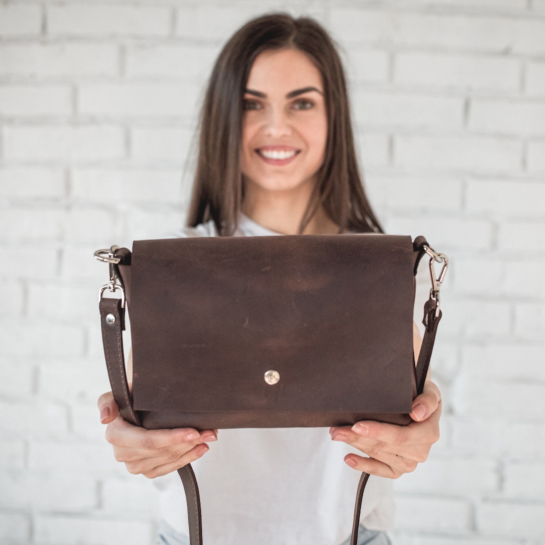 Minimalist Dark Brown Leather Crossbody Bag: Women's Everyday Shoulder ...