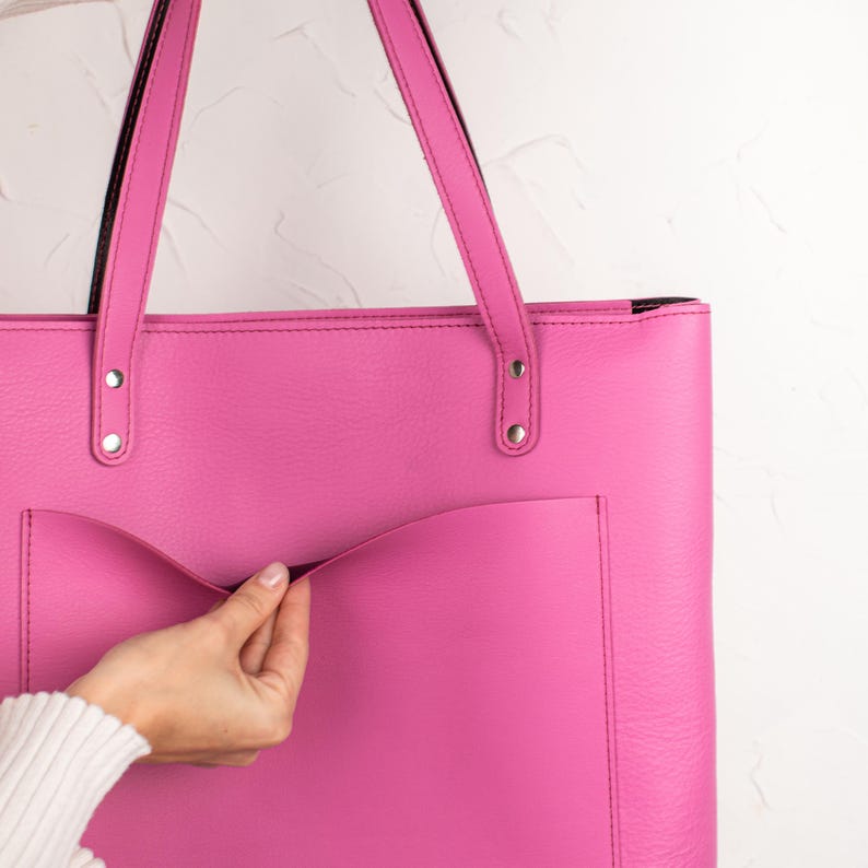 Handmade Pink Leather Tote Bag: Stylish Work & Travel Purse - Etsy