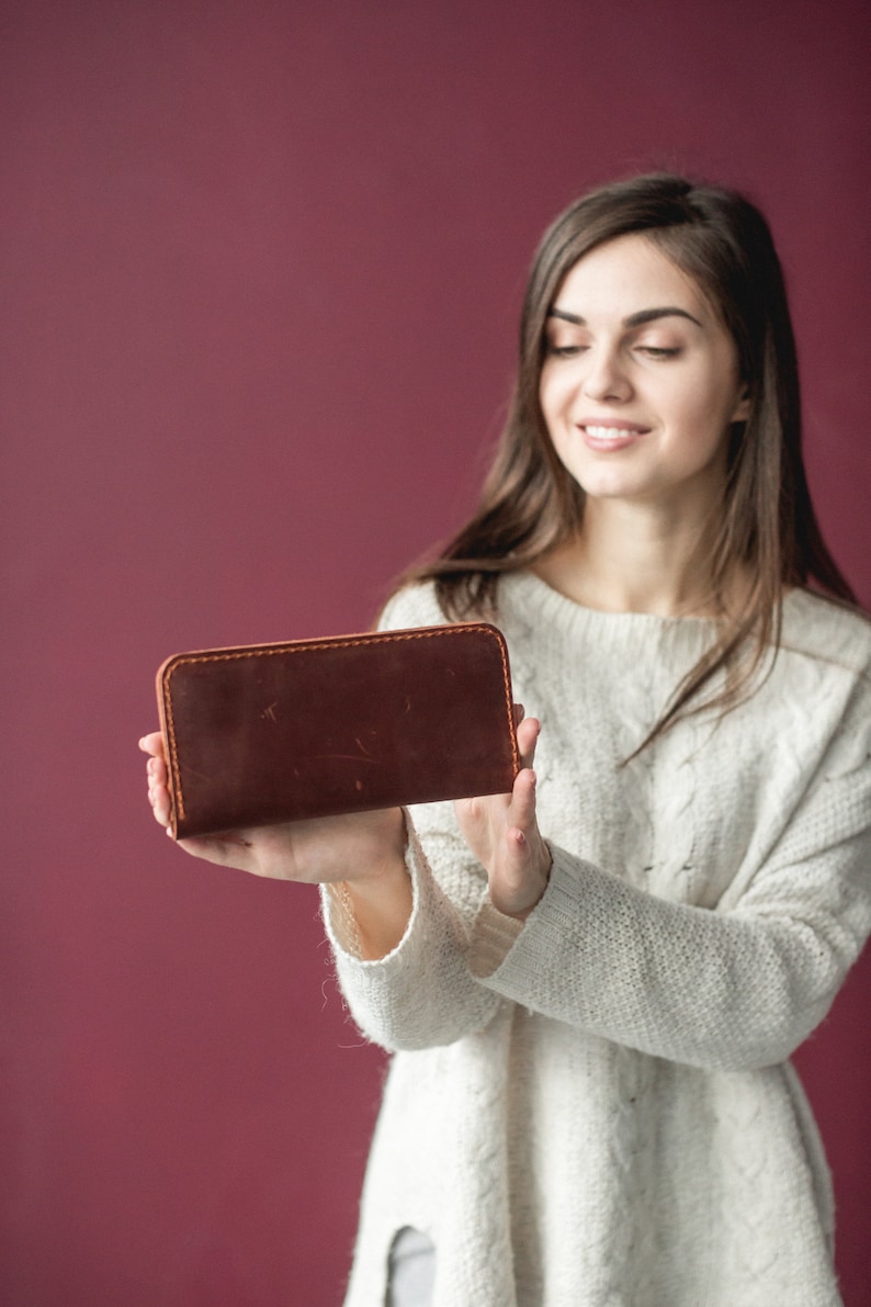 Leather Slim Wallet With Zipper Women Wallet Leather Etsy