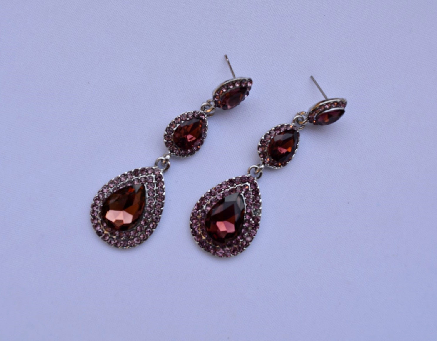 Wine bridal rhinestone earrings womens burgundy prom earrings | Etsy