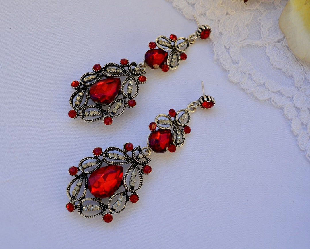 Red Bridal Rhinestone Earrings Womens Red Prom Earrings, Dark Silver ...