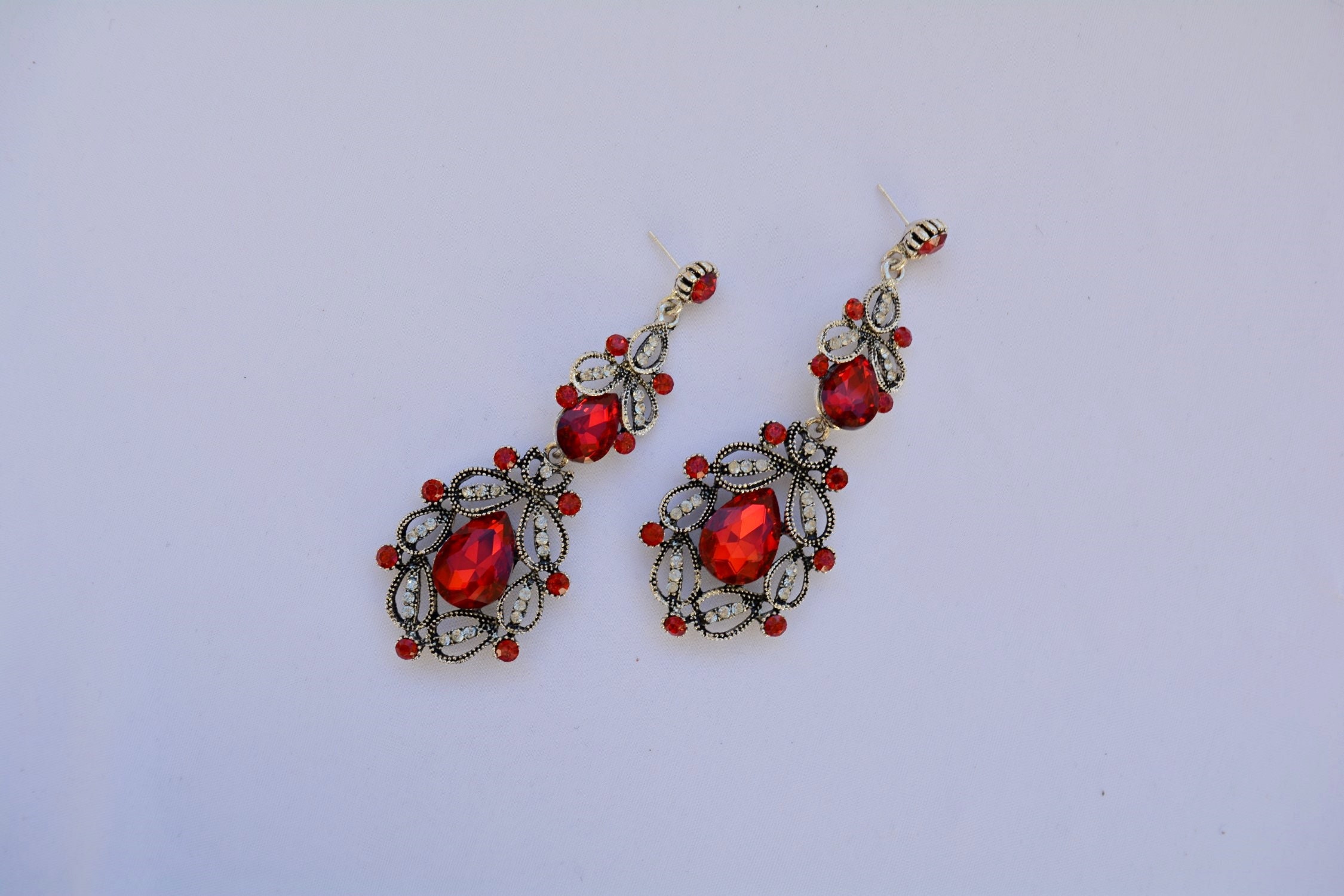 Red bridal rhinestone earrings womens red prom earrings dark | Etsy