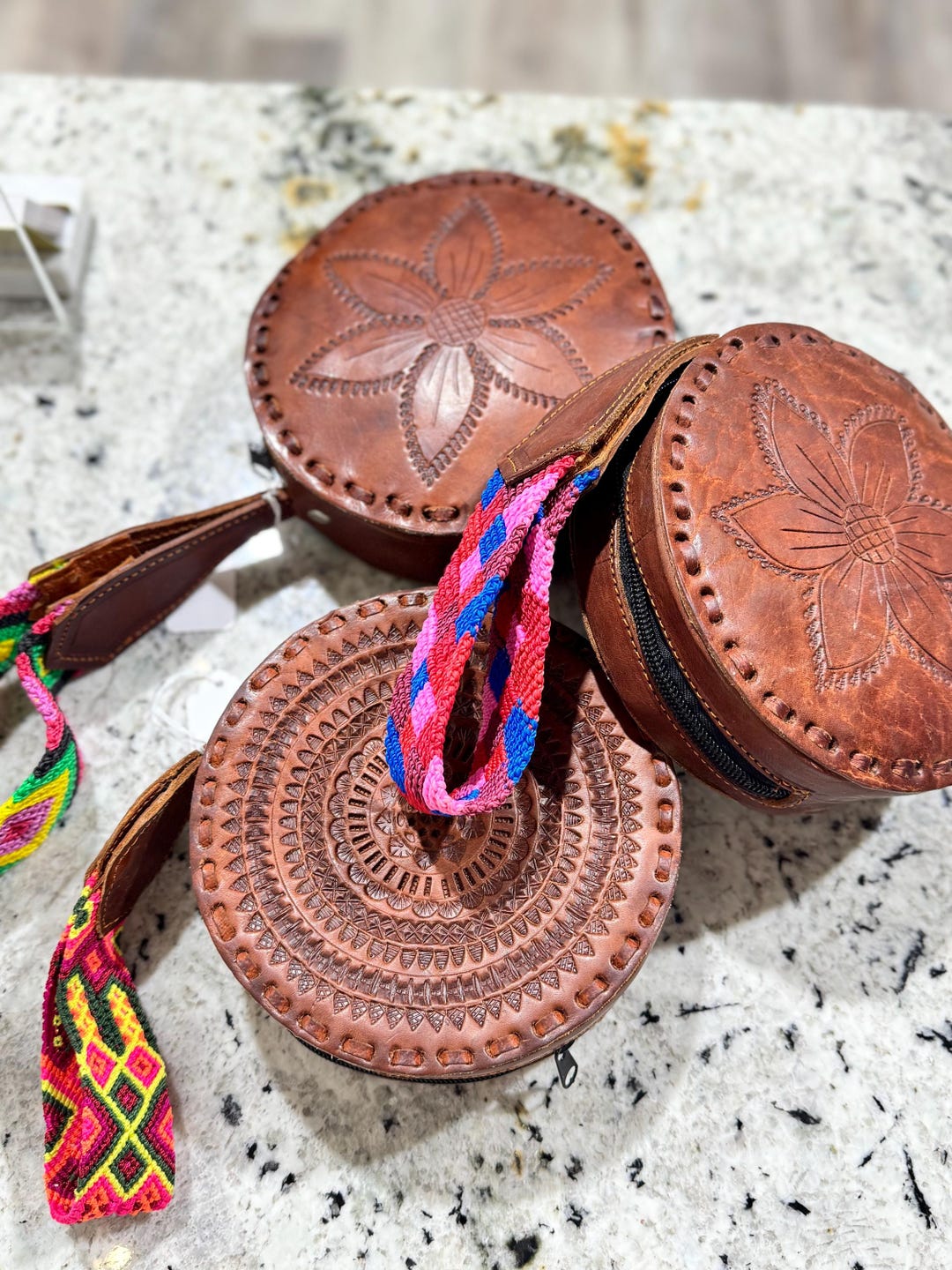 Handmade Tooled Leather Wristlet Wallet: Round Clutch With Woven ...
