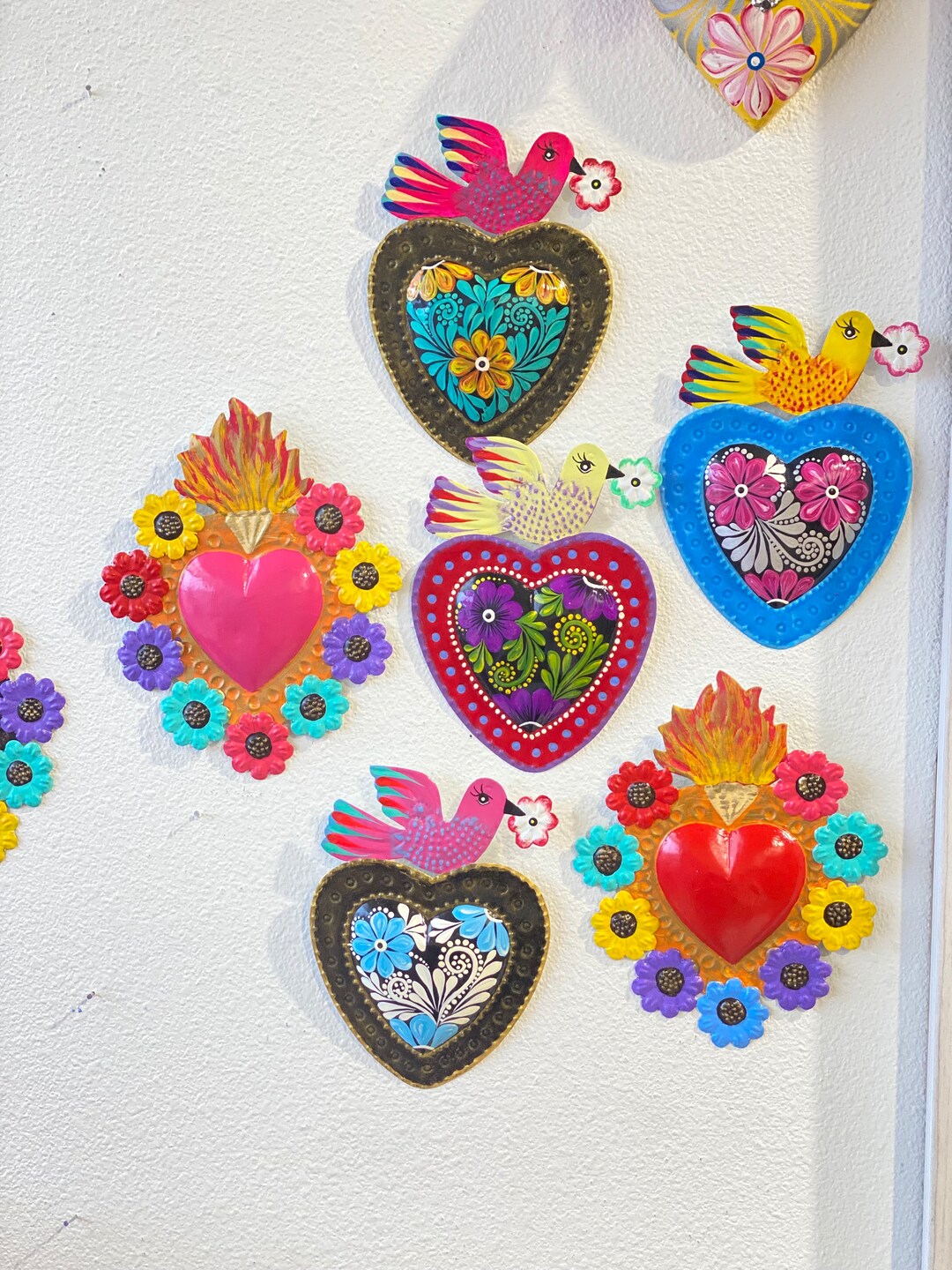 Tin Sacred Heart Bird Flowers Wall Decor Gifts Mexican Folk Art Corazon ...