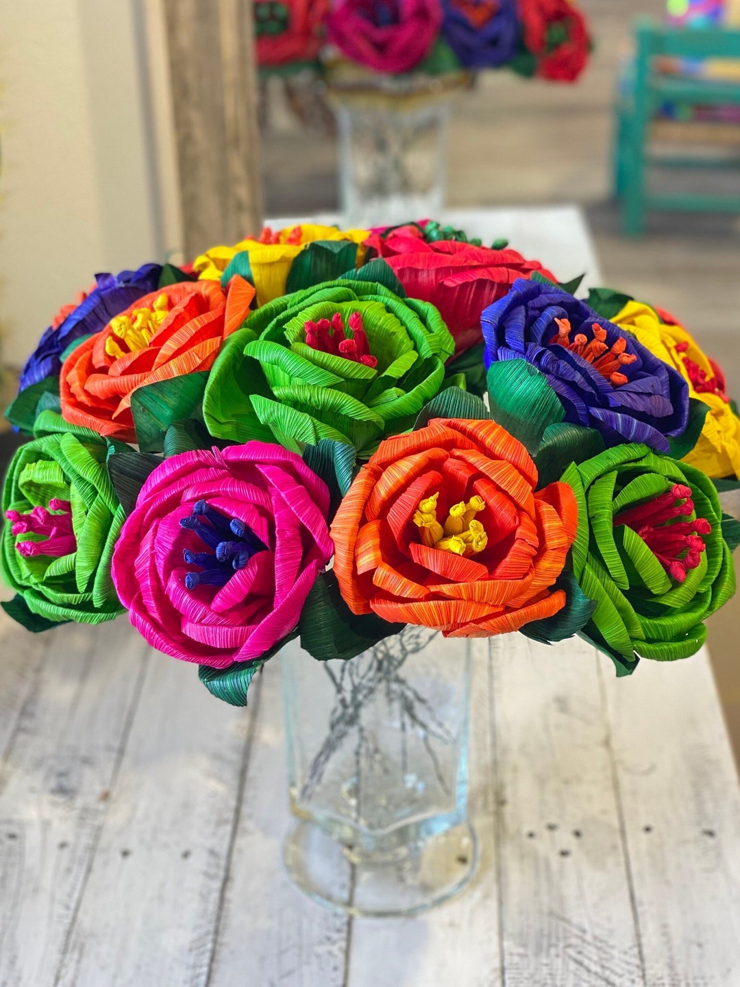 Corn Husk Rose Decor Stem Rose Crafts Dia De Los Muertos Day of the ...
