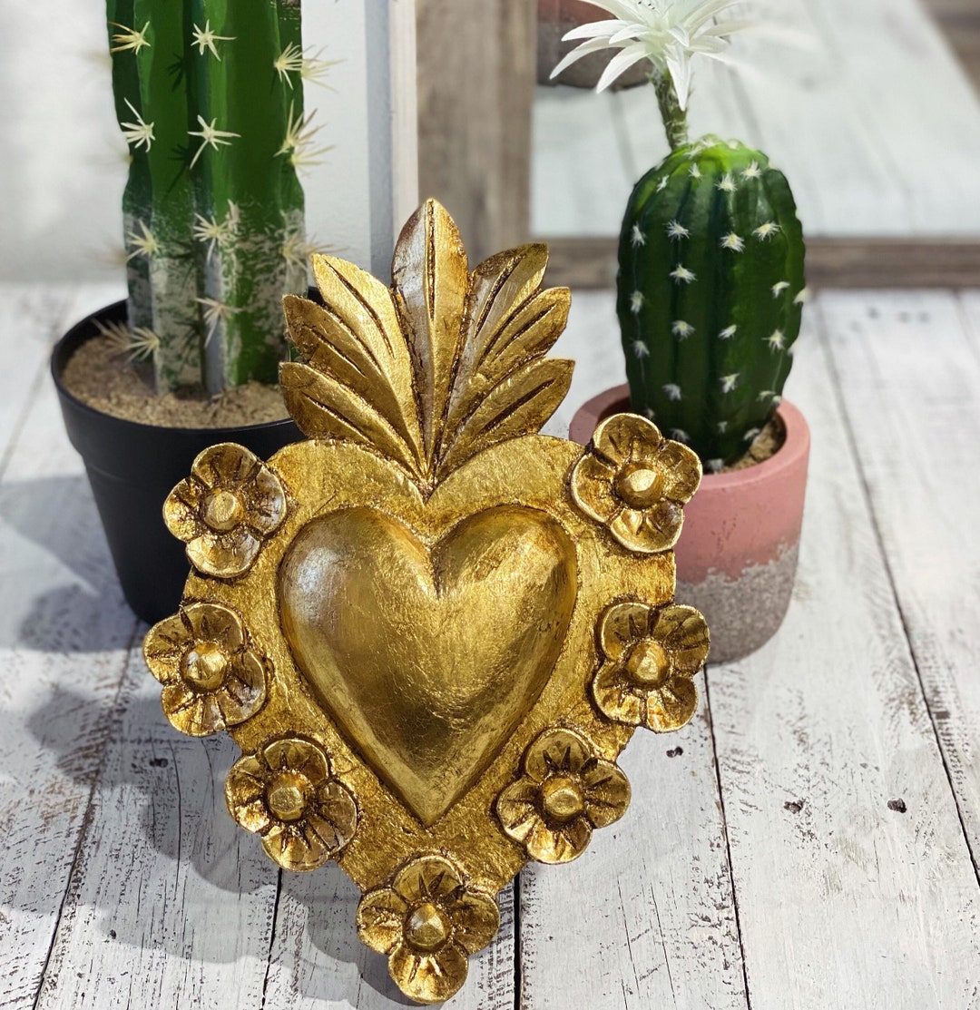 Gold Sacred Heart Wood Sacred Heart Flowers Wall Decor Gifts Mexican ...