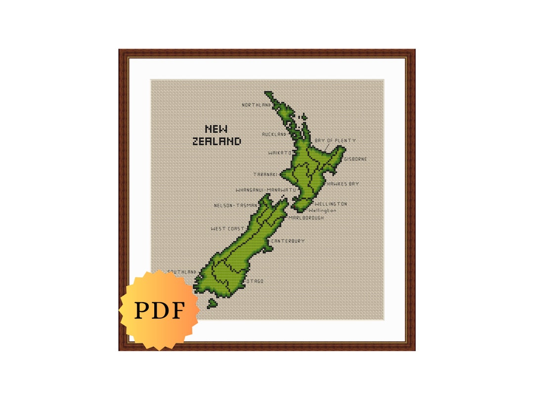 Map of New Zealand Counted Cross Stitch Pattern, New Zealand Map ...